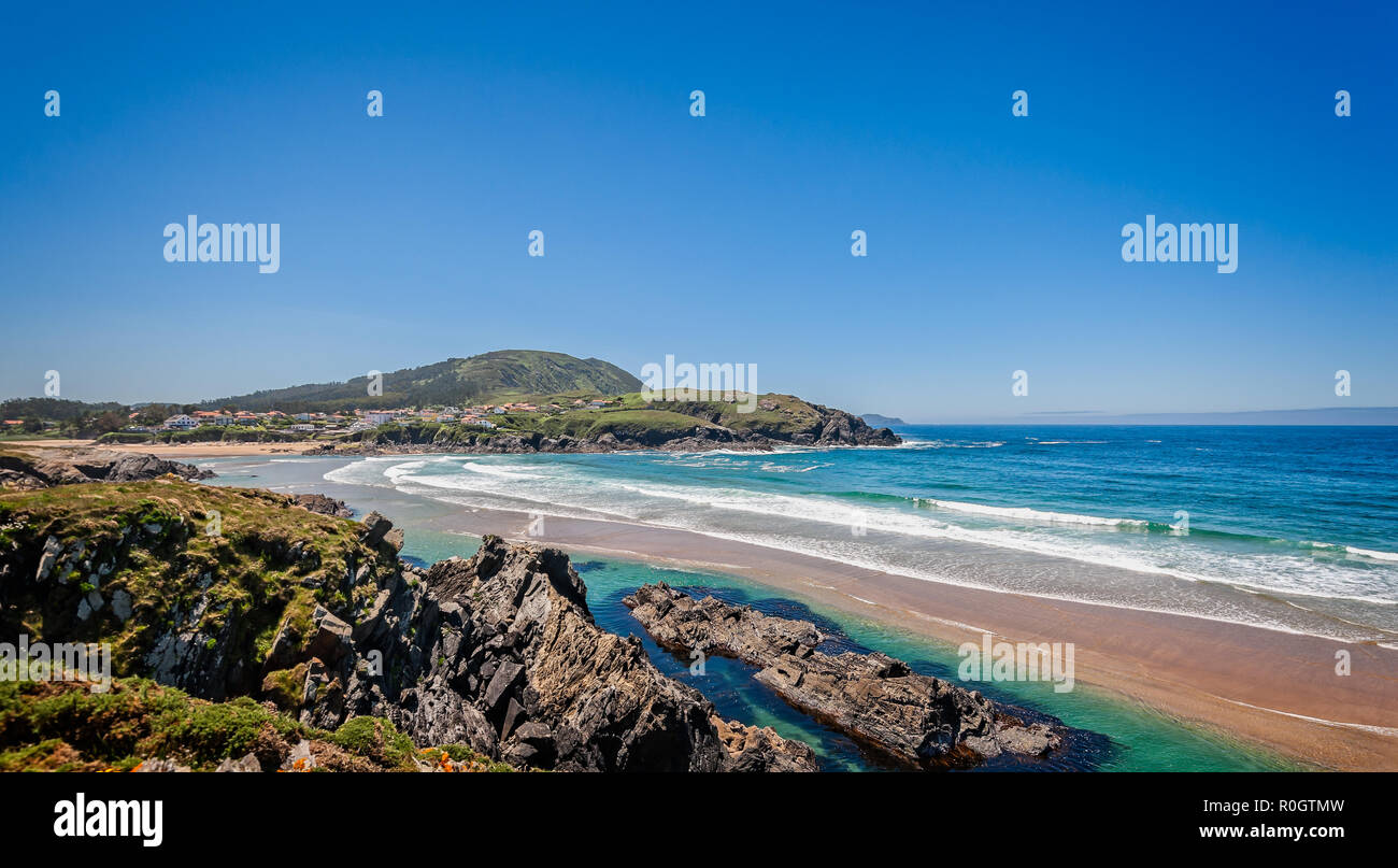 Landscape with sea,cliff, beach and blue sky. Galicia Spain. Vacation ...