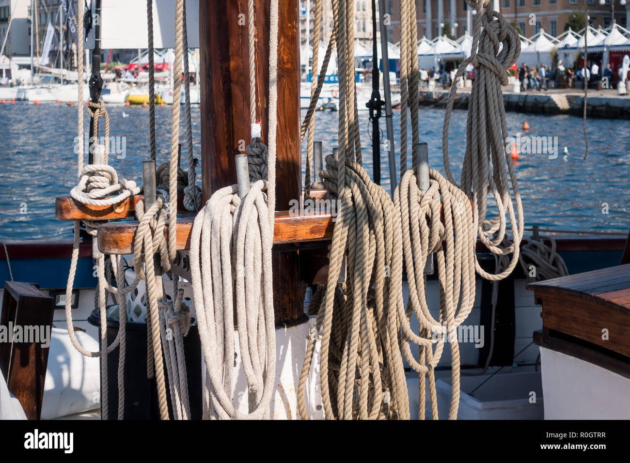 Detailed of rigging, bow and boom and the textures of rope and wood ...