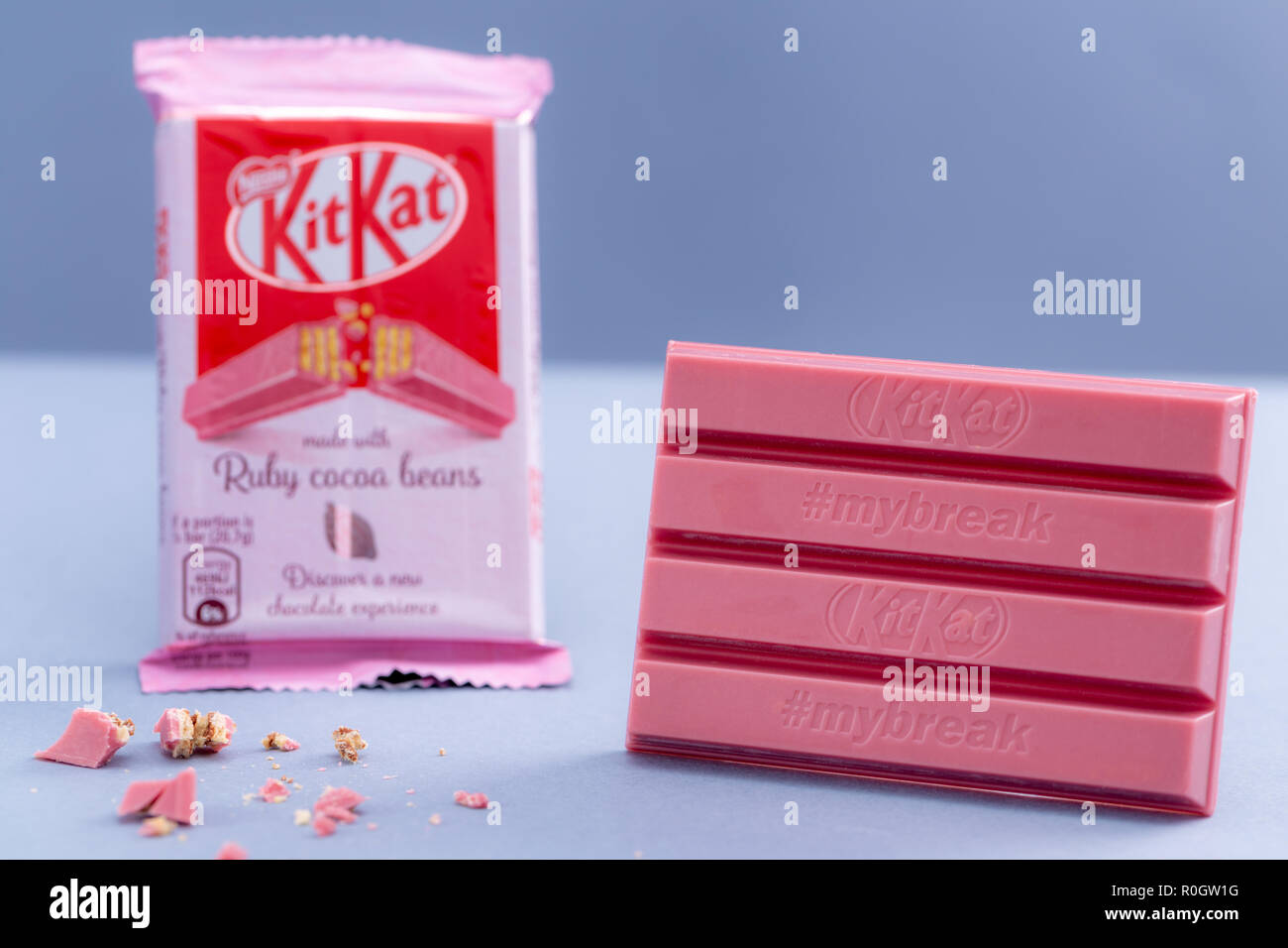 Warsaw, Poland - October 20, 2018: KitKat Ruby Cocoa Beans, Nestle. 4 ...