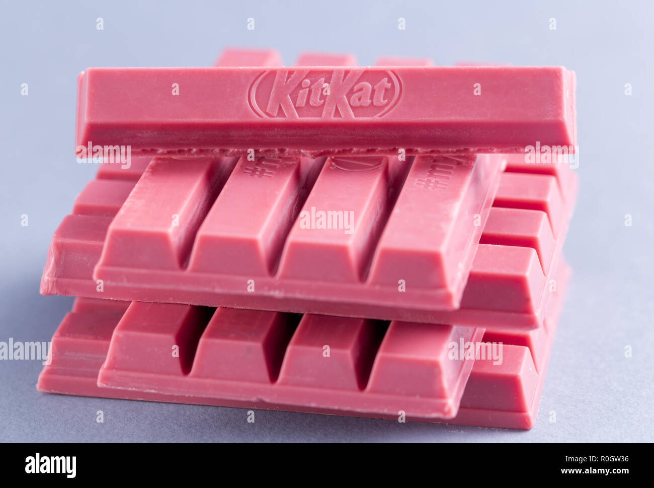 Warsaw, Poland - October 20, 2018: KitKat Ruby Cocoa Beans, Nestle. 4 ...