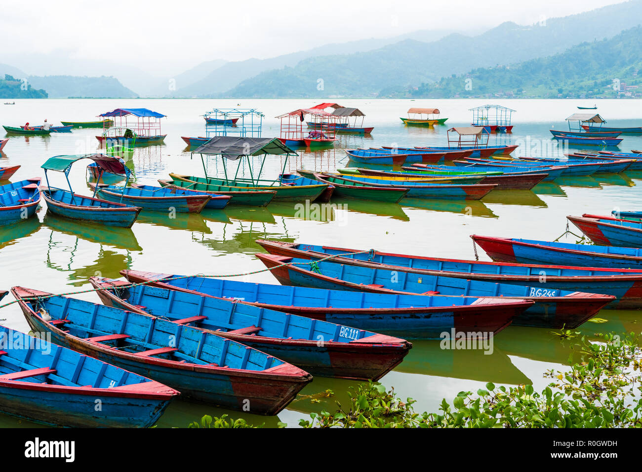 Pokhara, Nepal - July 31, 2018 : Colourful boats on Phewa lake in ...