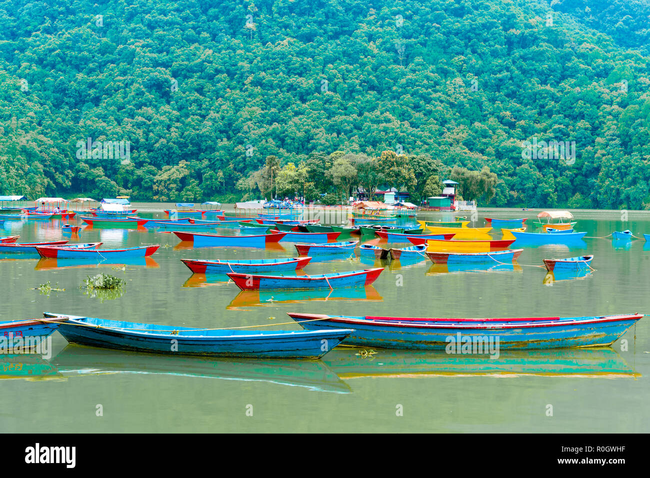 Pokhara, Nepal - July 31, 2018 : Colourful boats on Phewa lake in ...
