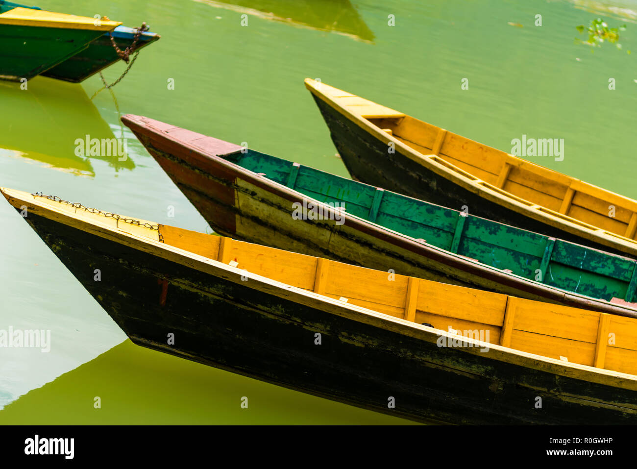 Detail of colourful boat on Phewa lake in Pokhara, the most popular and ...