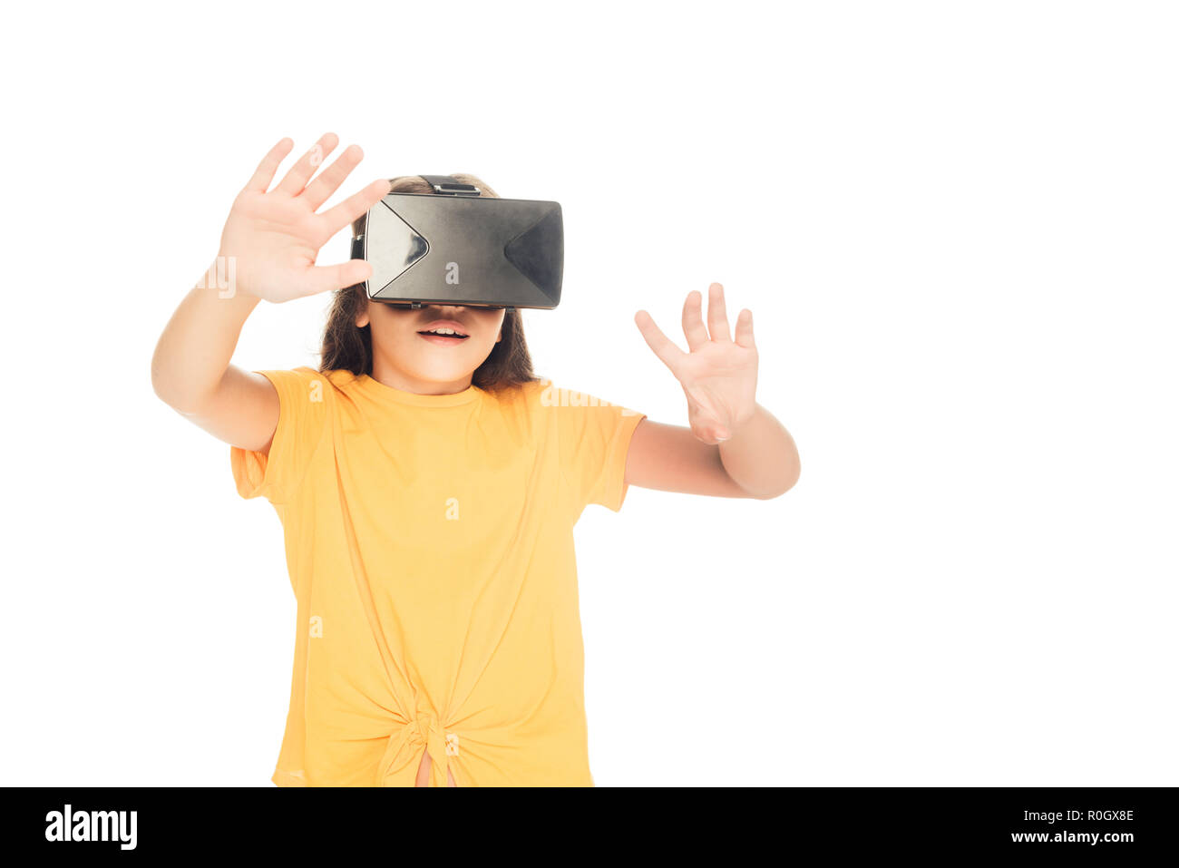 cute kid using virtual reality headset isolated on white Stock Photo ...
