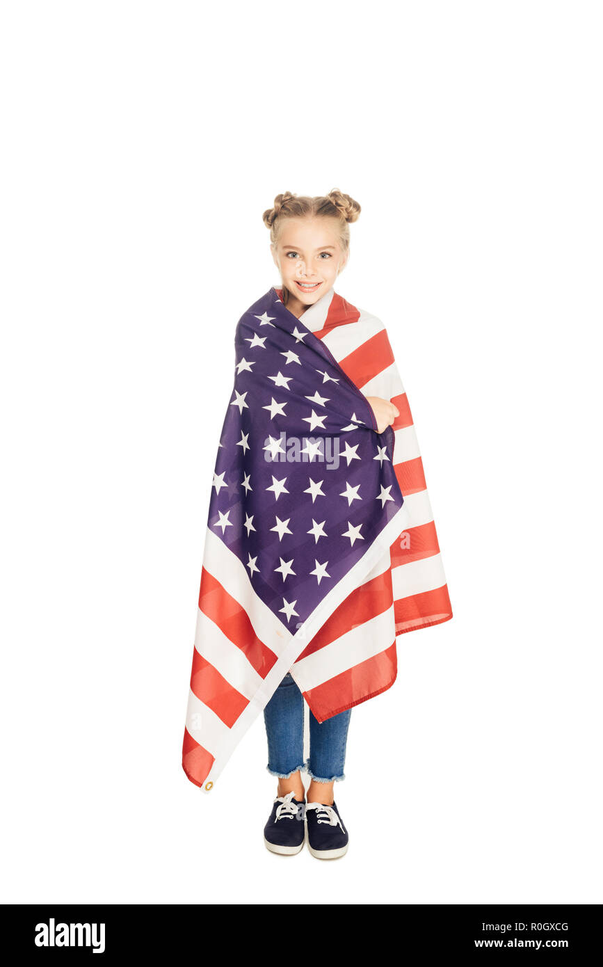 happy child holding american flag and smiling at camera isolated on ...