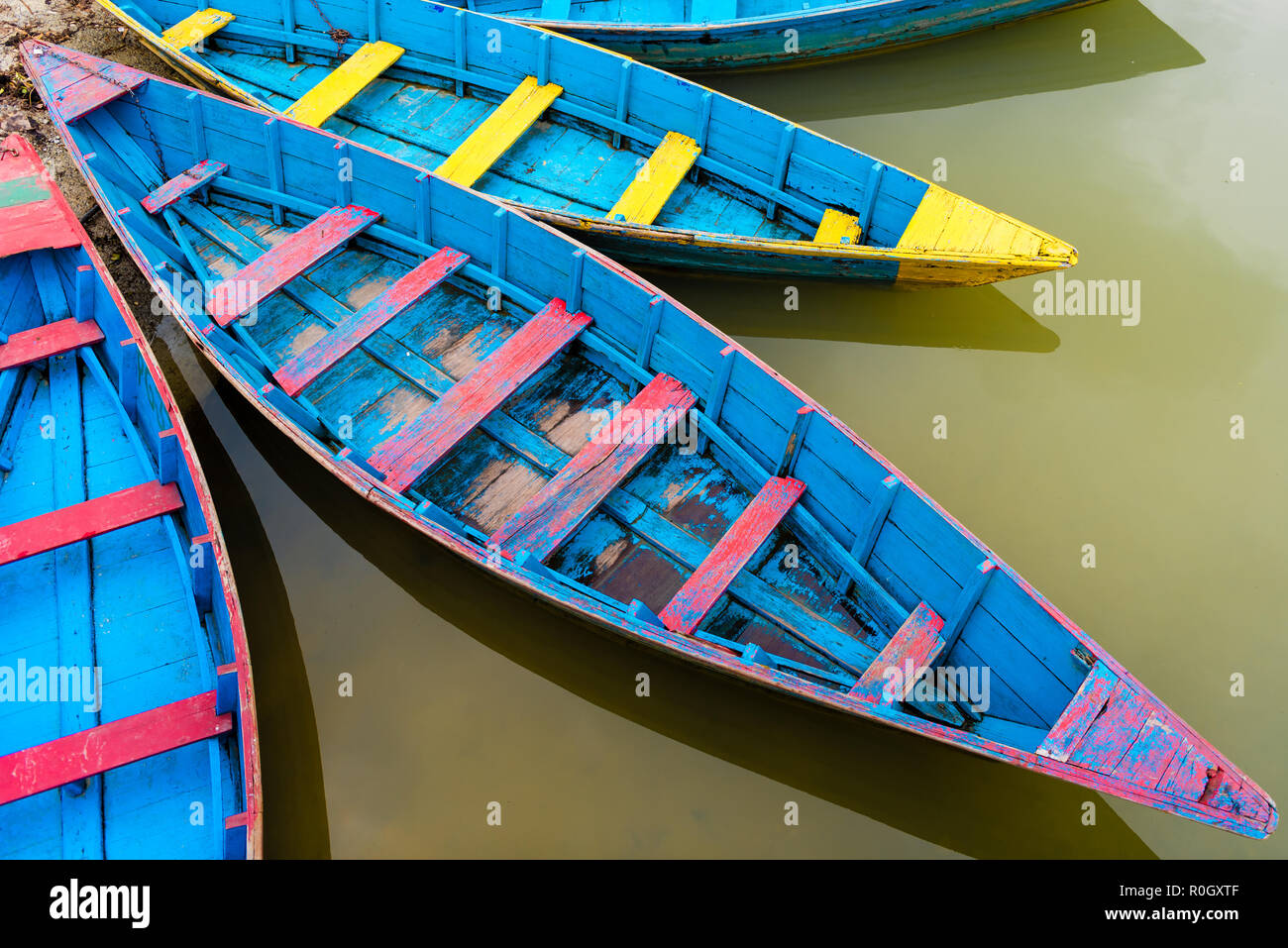 Detail of colourful boat on Phewa lake in Pokhara, the most popular and ...