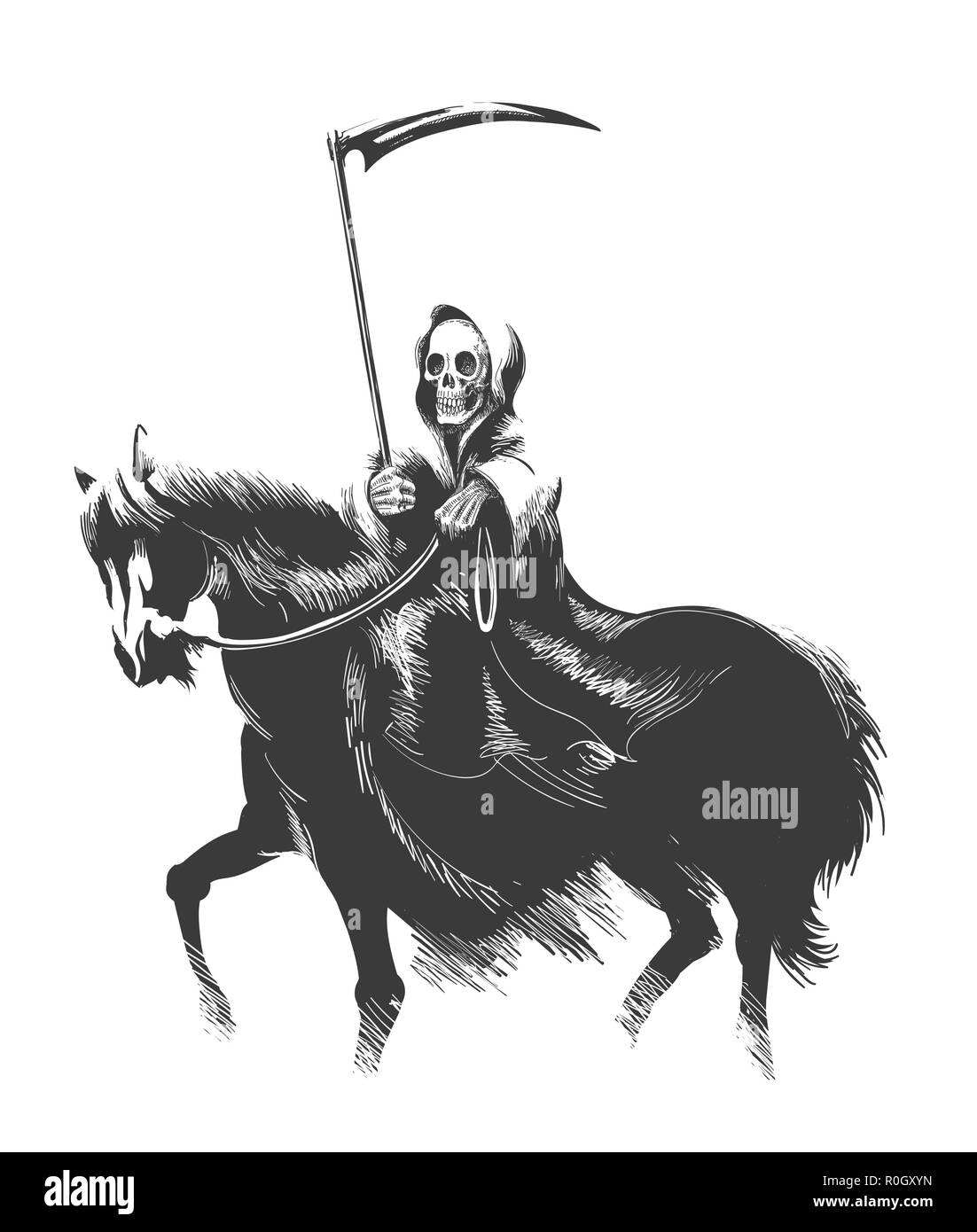 Death with scythe Rides Horse drawn in ink sketch style. Vector ...