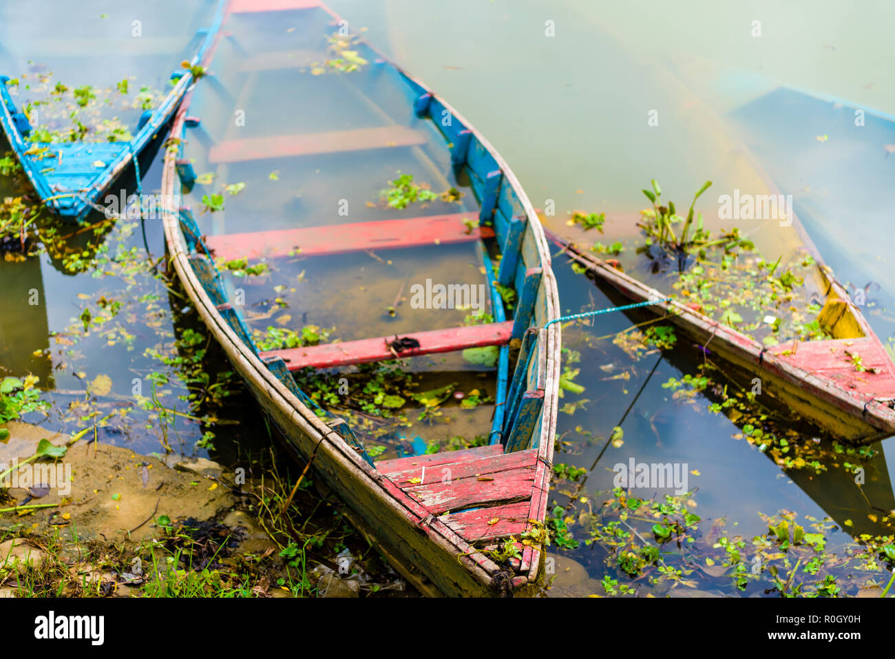 Detail of colourful boat on Phewa lake in Pokhara, the most popular and ...