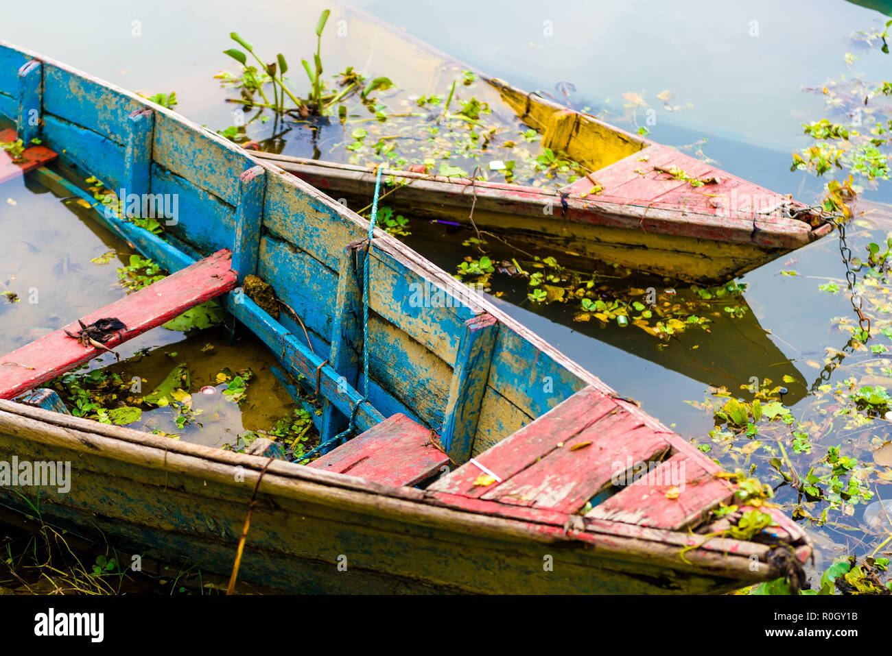 Detail of colourful boat on Phewa lake in Pokhara, the most popular and ...