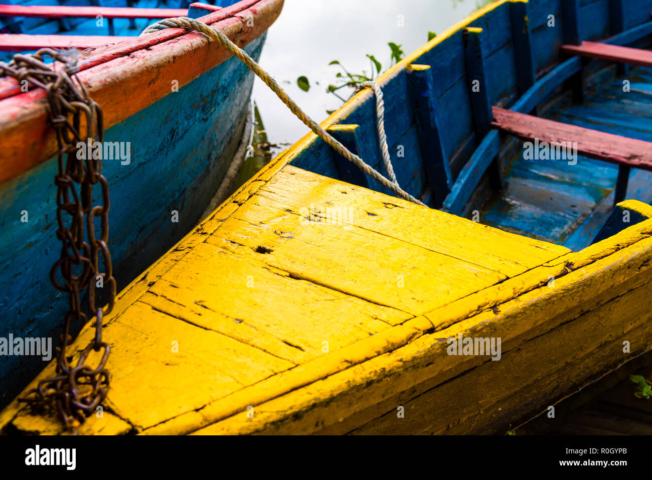Detail of colourful boat on Phewa lake in Pokhara, the most popular and ...