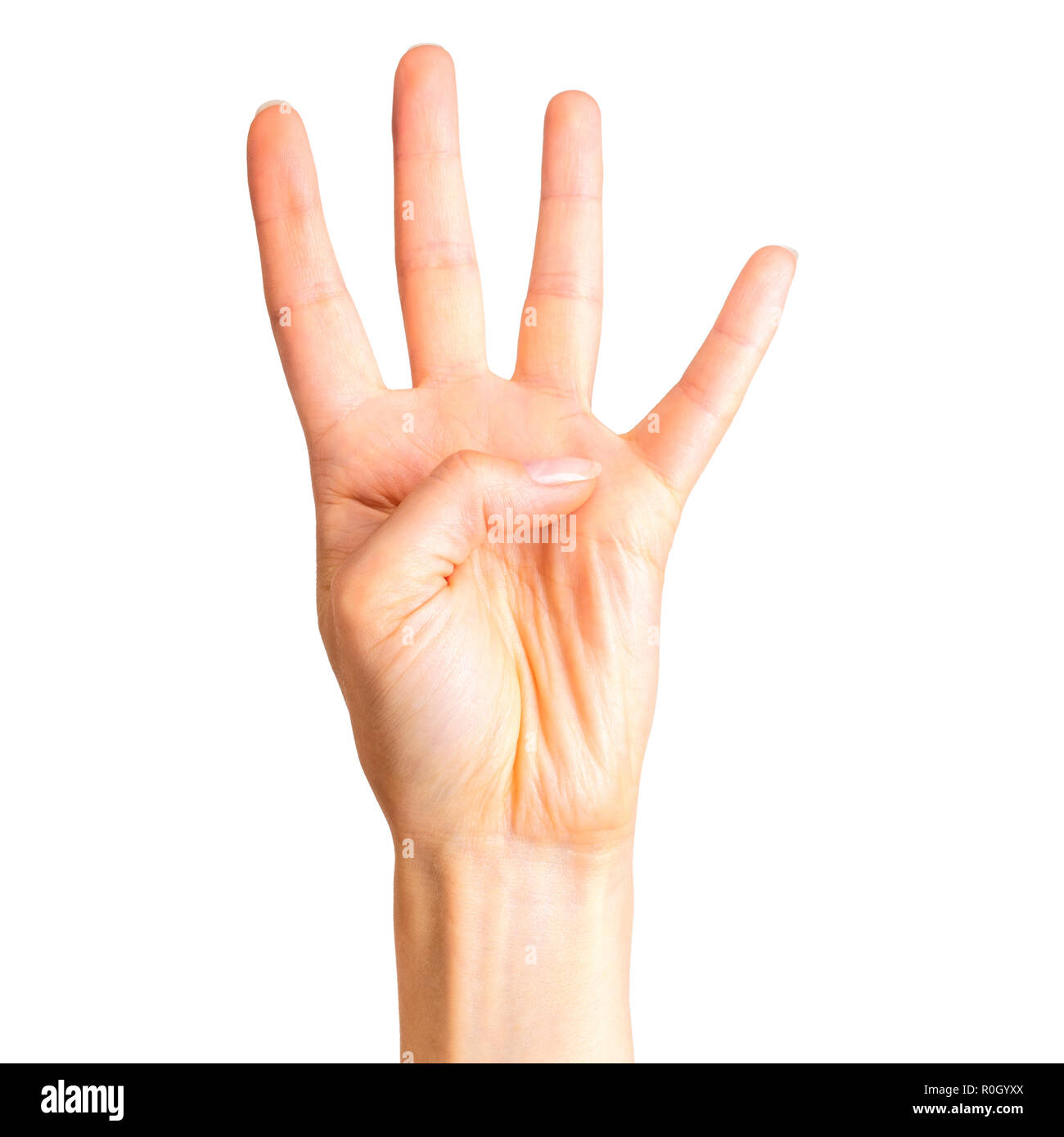 Female hand showing four fingers and palm Stock Photo - Alamy
