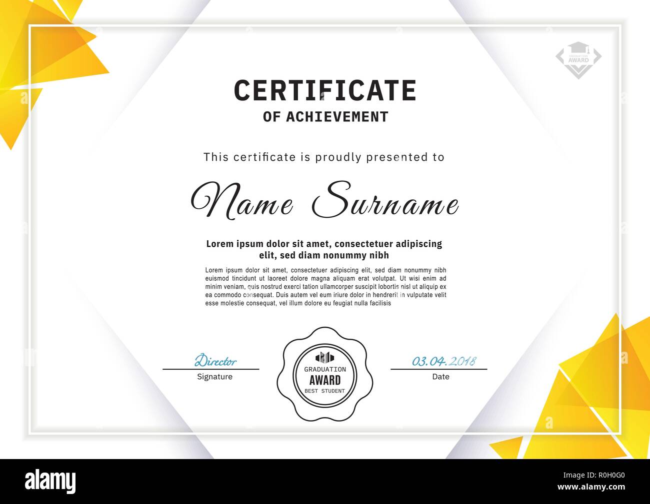 Official white certificate with yellow triangle design elements ...