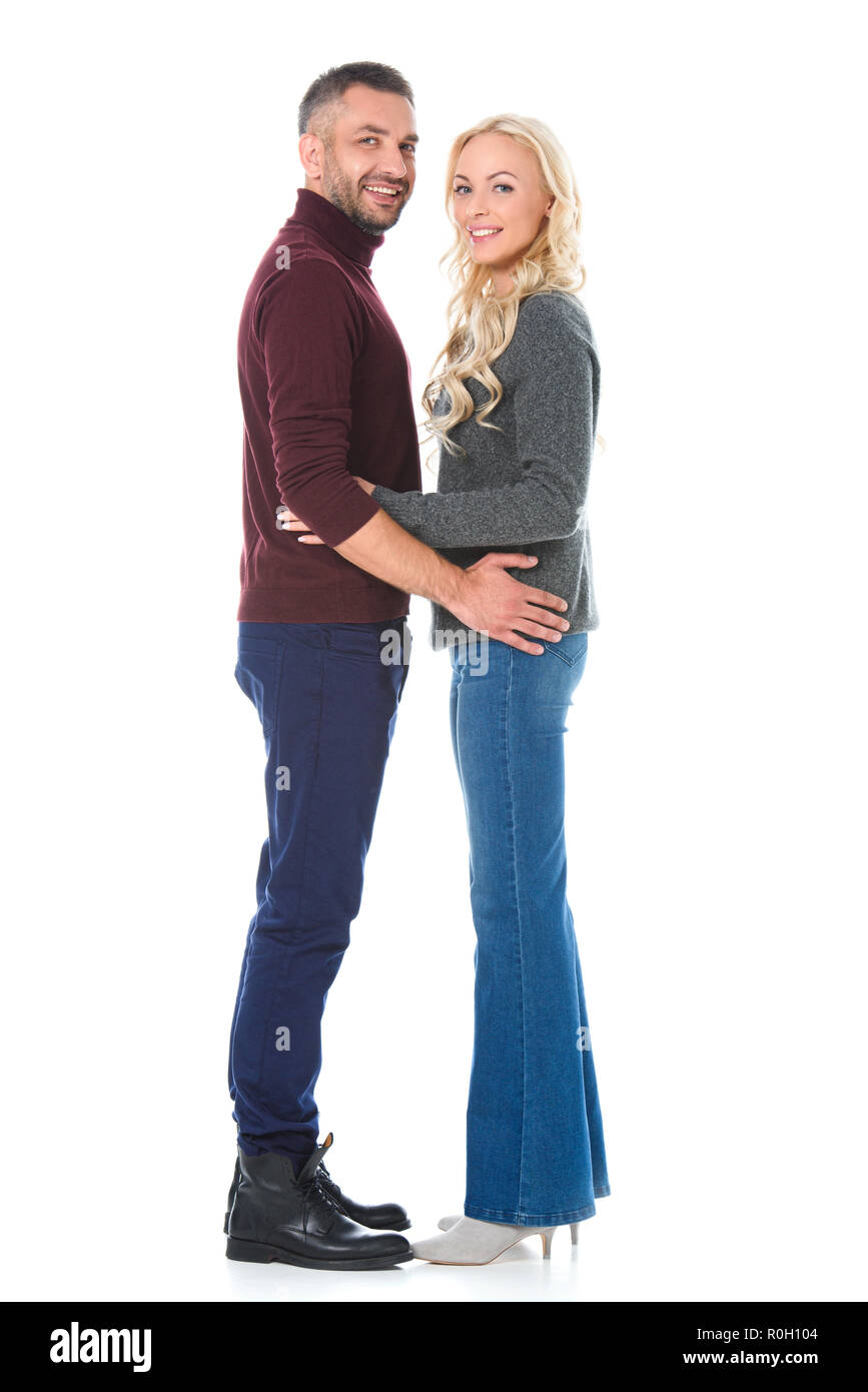 happy couple hugging and looking at camera, isolated on white Stock ...