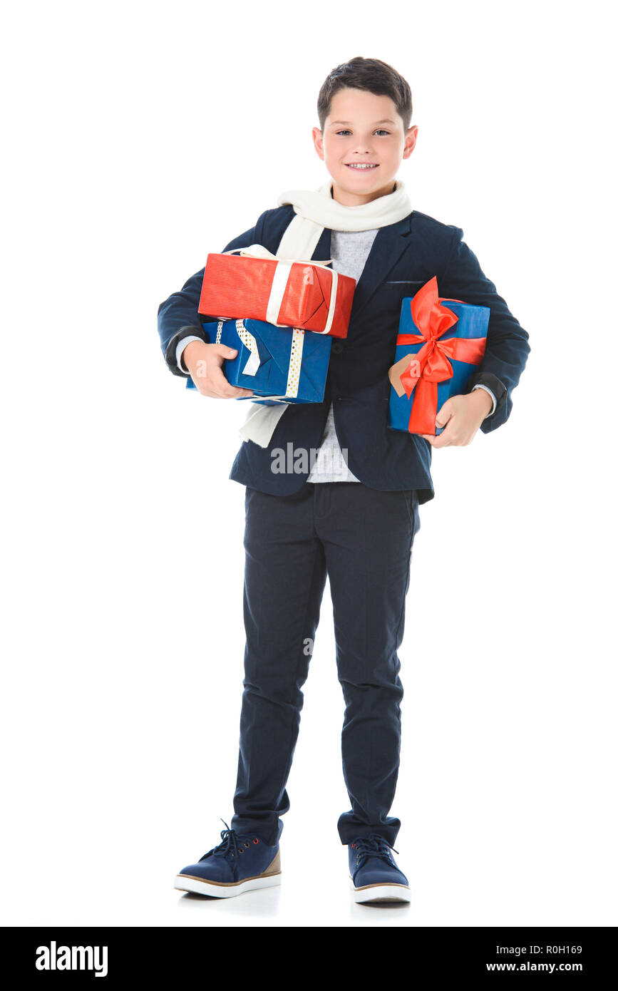 stylish boy holding gift boxes, isolated on white Stock Photo - Alamy