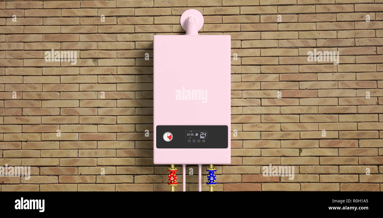 Home gas boiler, water heater isolated on brick wall, front view. 3d ...