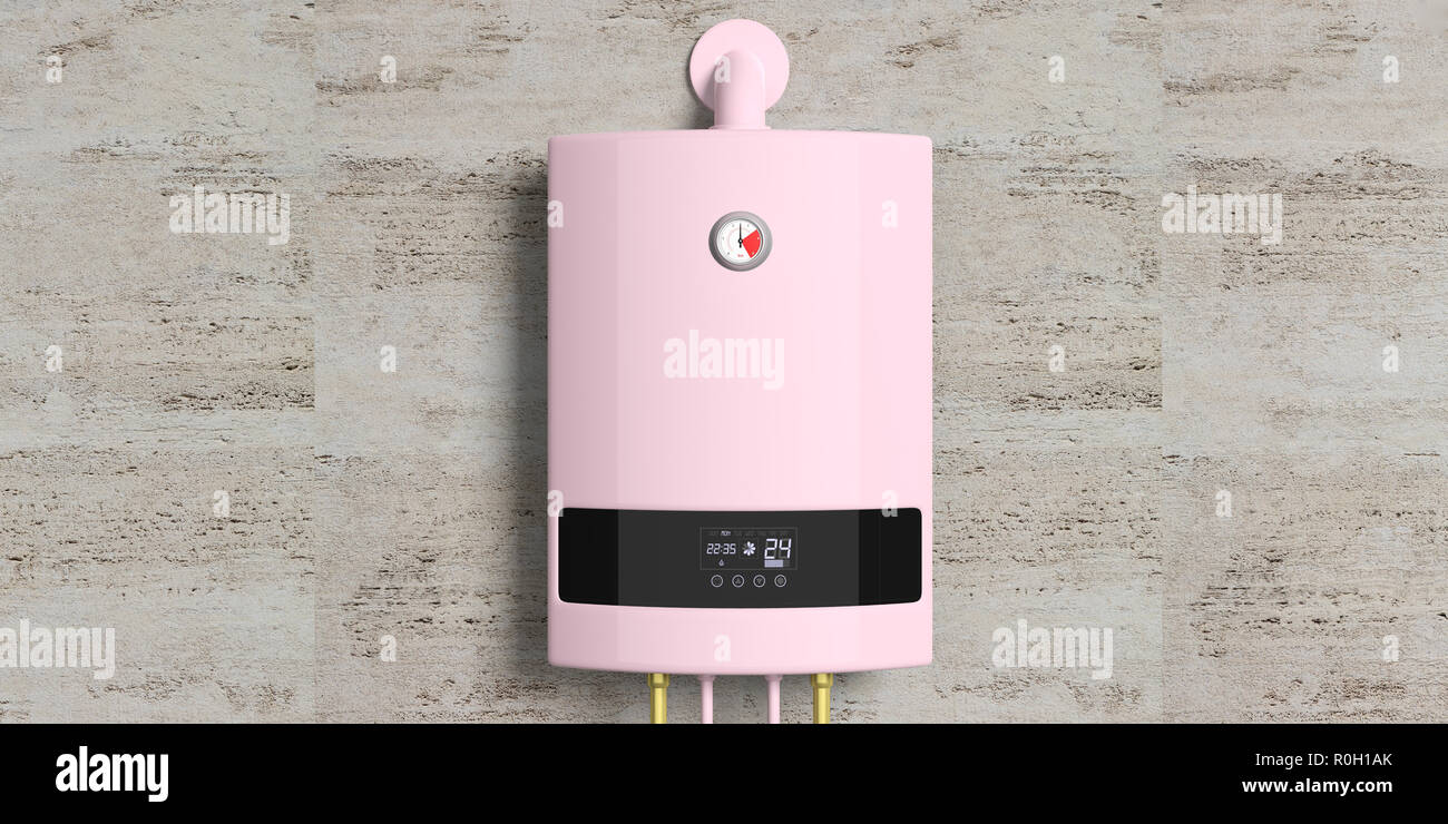 Home gas boiler, water heater isolated on stone wall, front view. 3d ...