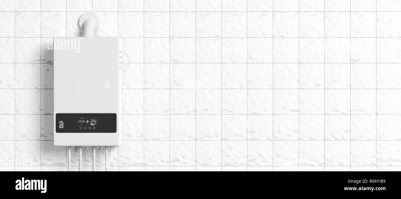Home gas boiler, water heater isolated on white tiled wall, front view ...