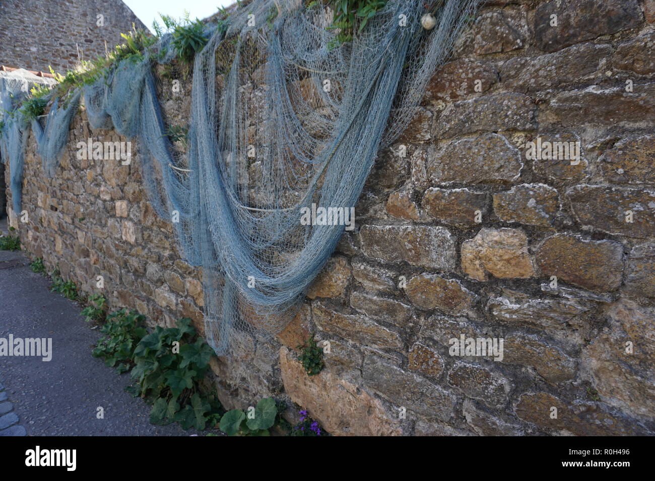 Grey-blue fish nets hanging and drying alongside the old stone walls in ...