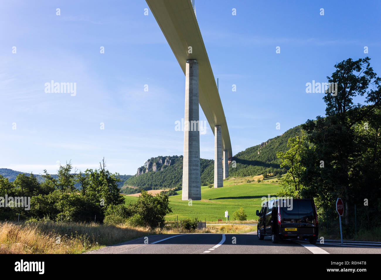 The Millau Viaduct, a cable stayed bridge that spans the valley of the ...
