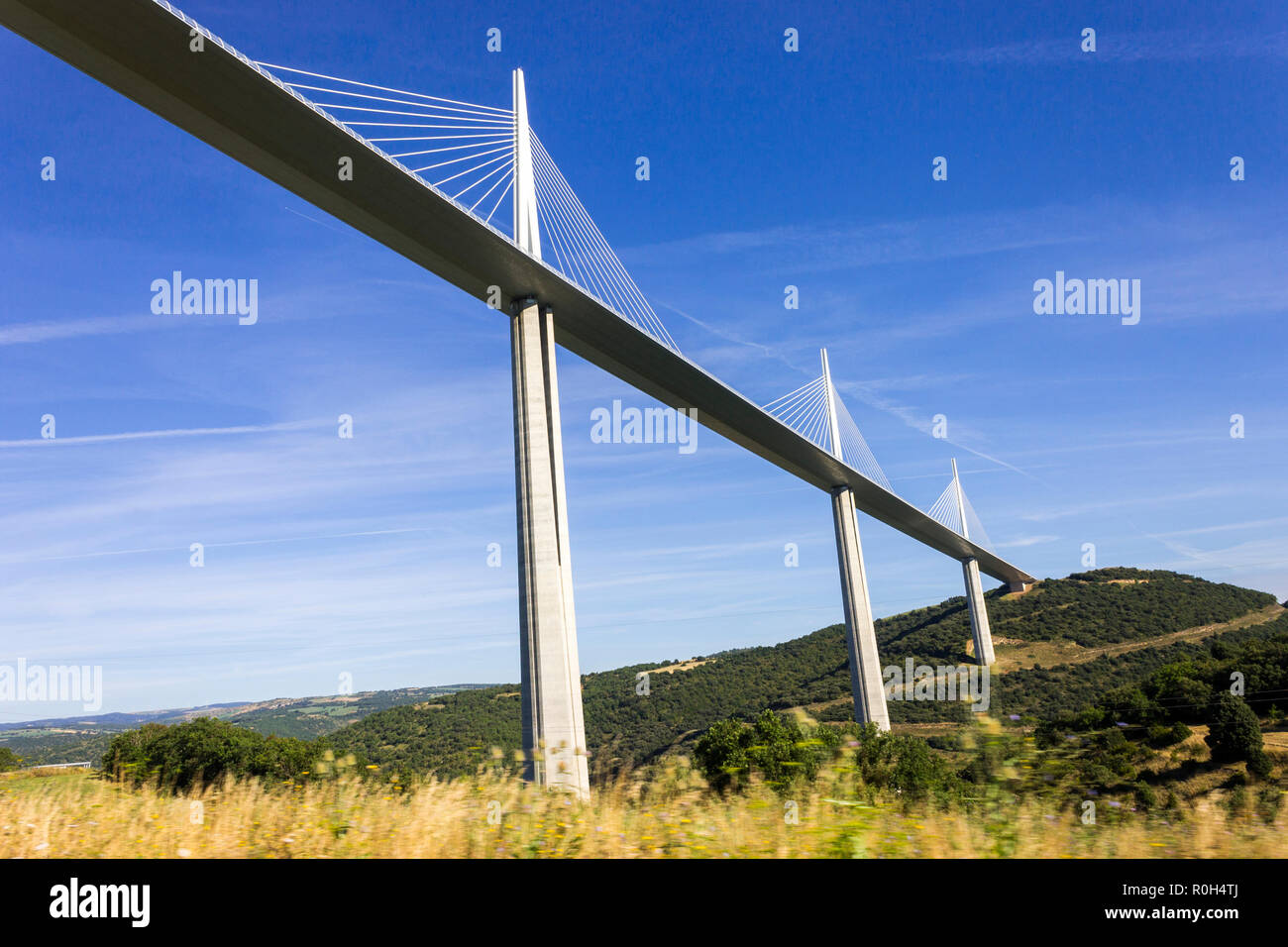 The Millau Viaduct, a cable stayed bridge that spans the valley of the ...