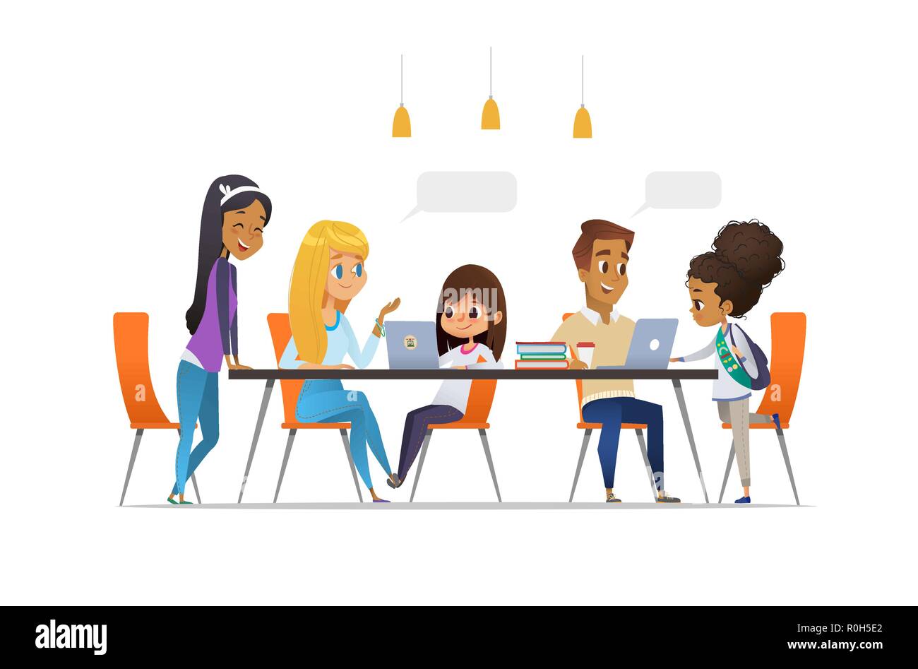 Computer Science Club. Happy children and students sitting at laptops ...