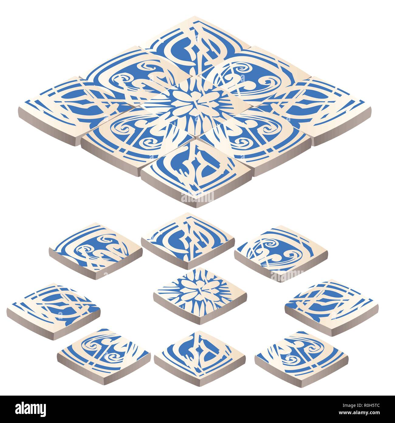 Set of floor tile with ornament blue color in the style of the frosty ...