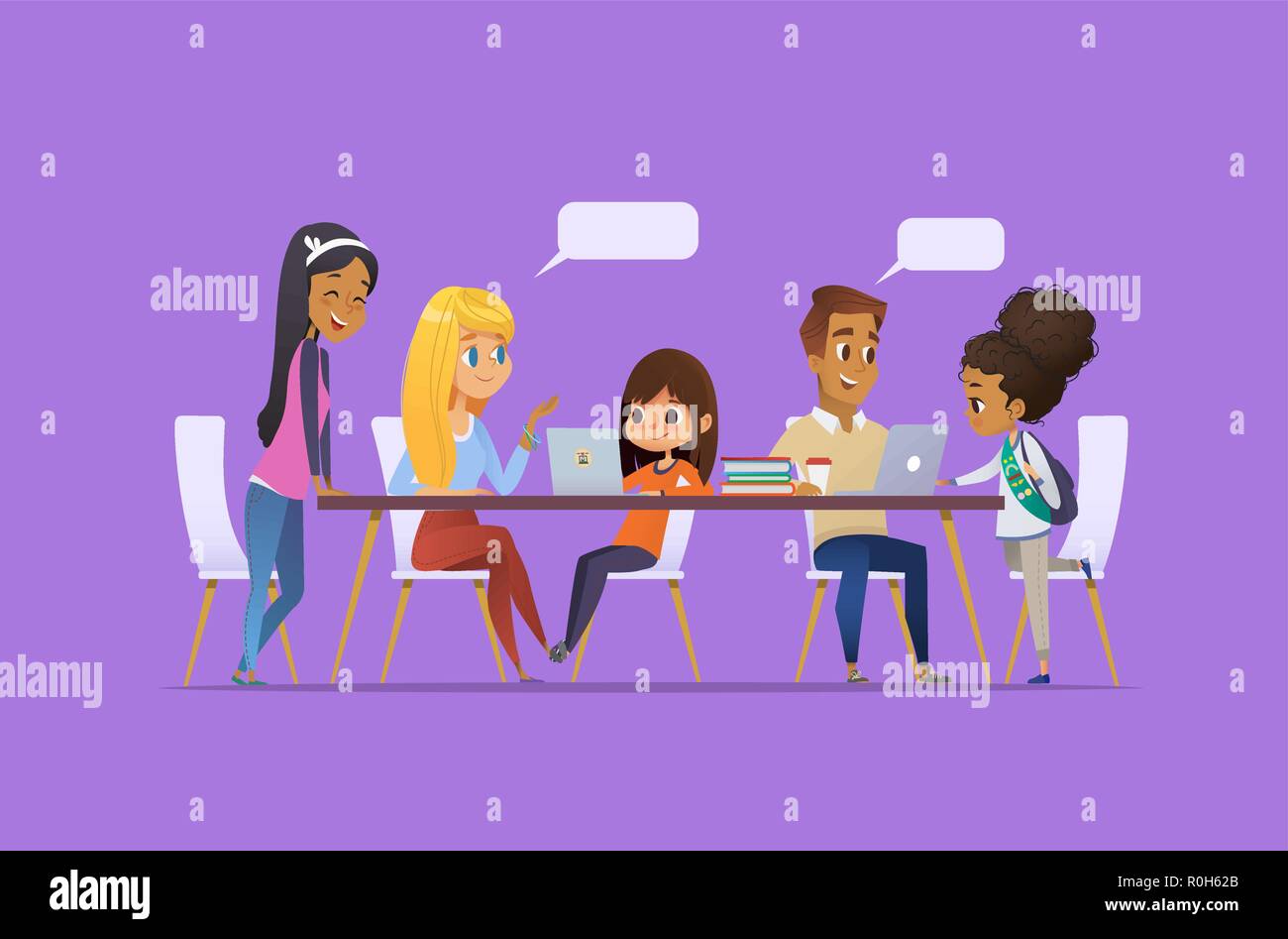 Computer Science Club. Happy children and students sitting at laptops ...