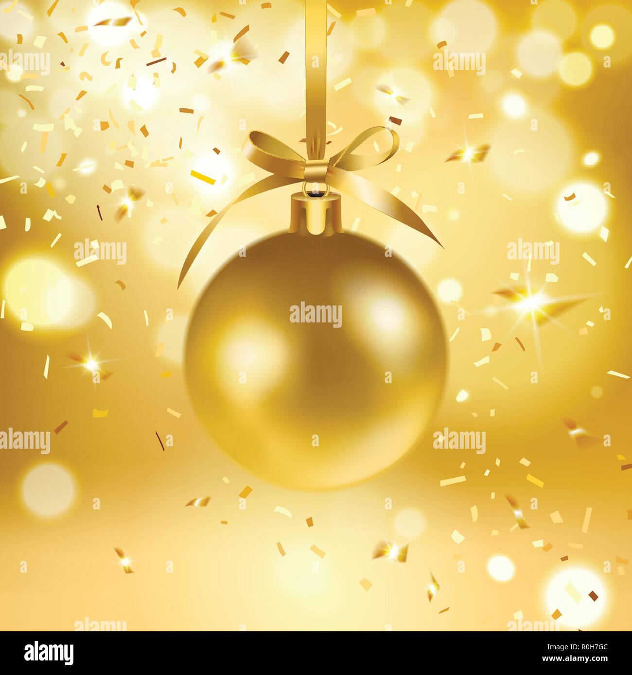 golden christmas ball and golden confetti on a gold background Stock ...