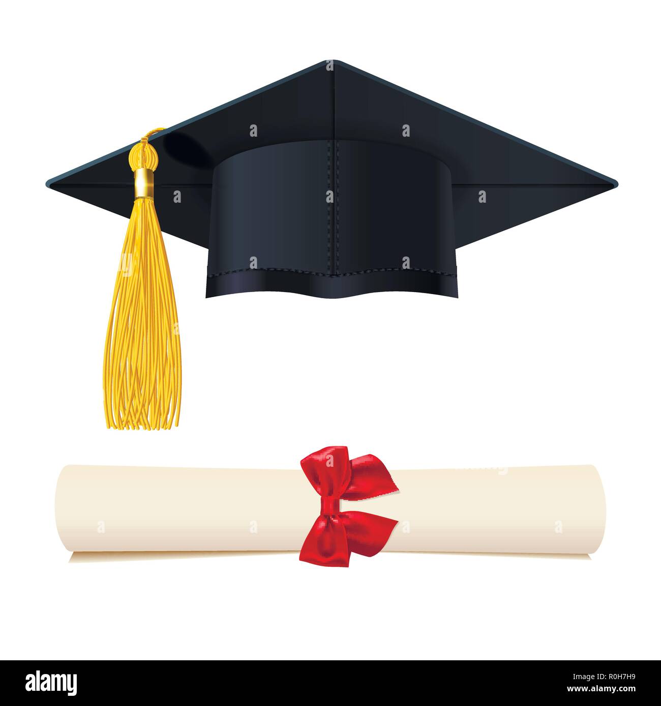 graduate cap with a diploma in the scroll on a white background Stock ...