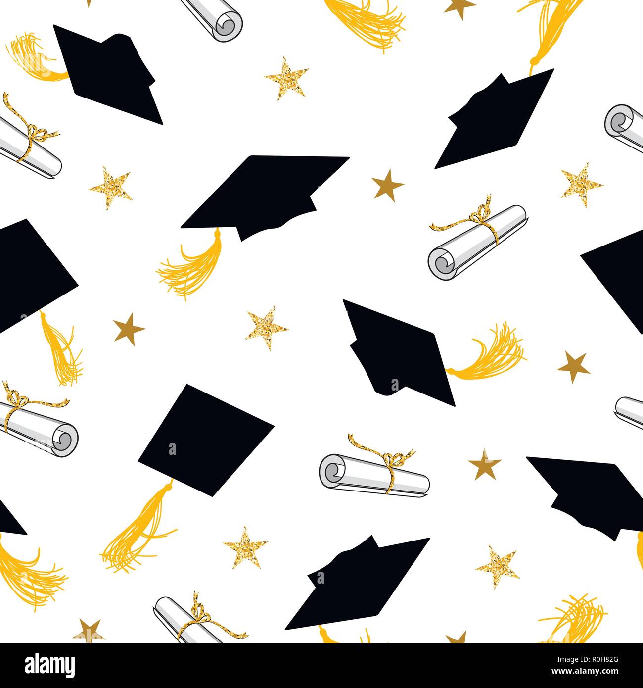 seamless pattern with graduation caps and diplomas with gold stars ...