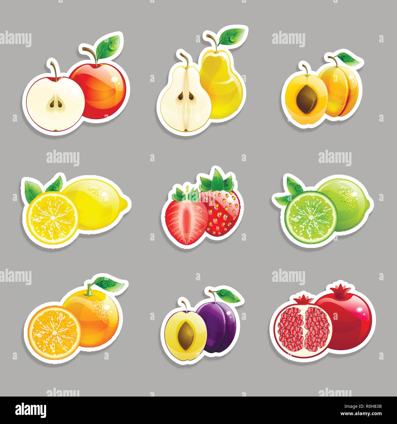set of labels from bright fruits and their halves on a gray background ...