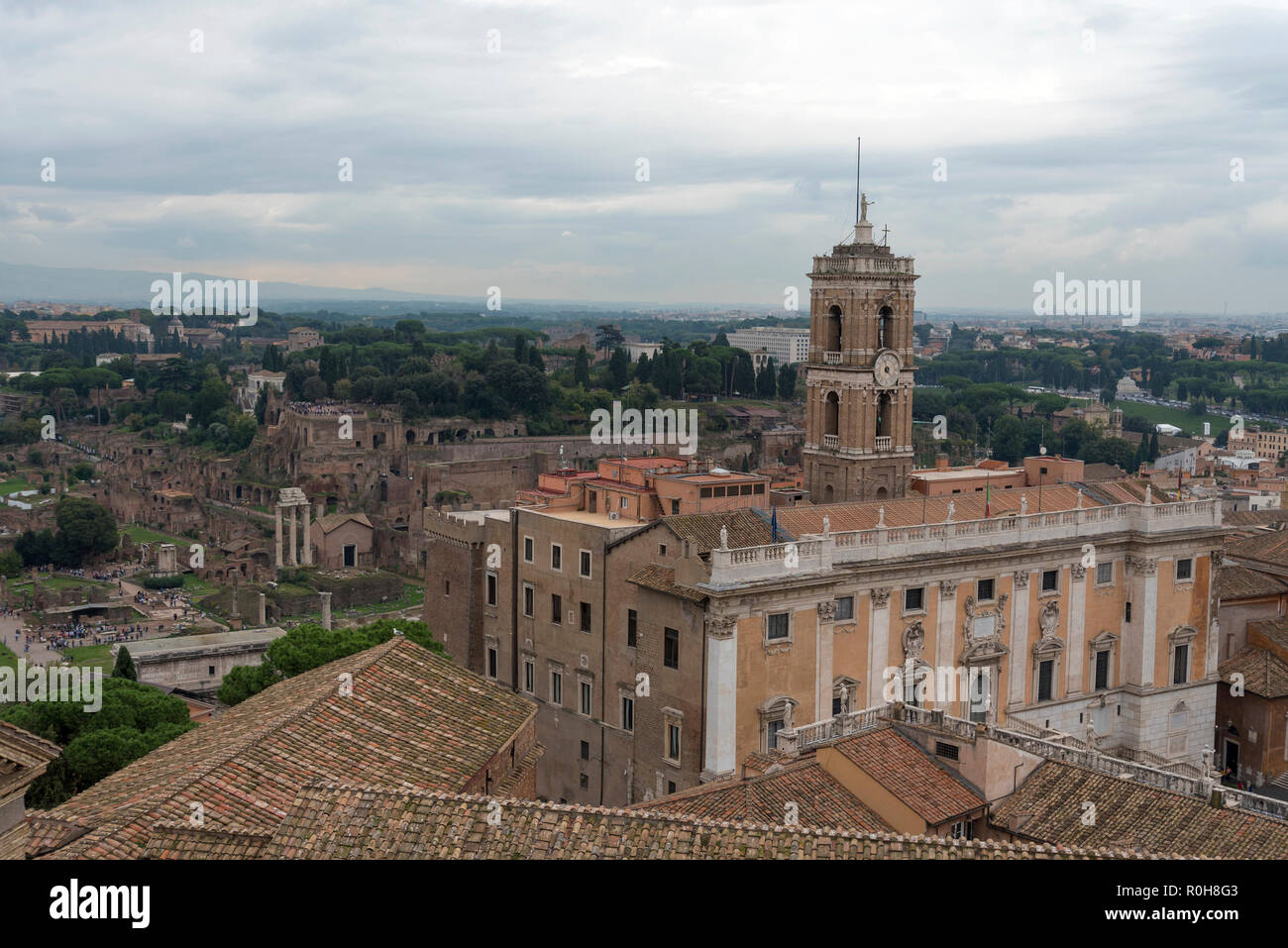 View of the tower of the city Of Rome from the roof of Vittoriano. The ...