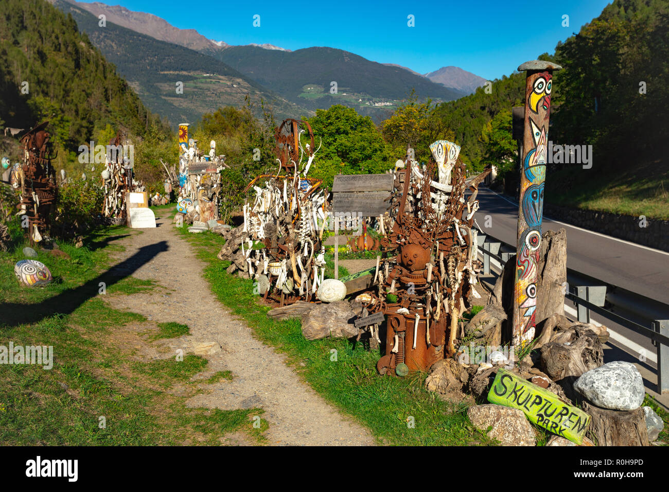Open air museum, totems made of metal scrap and animal bones Stock ...