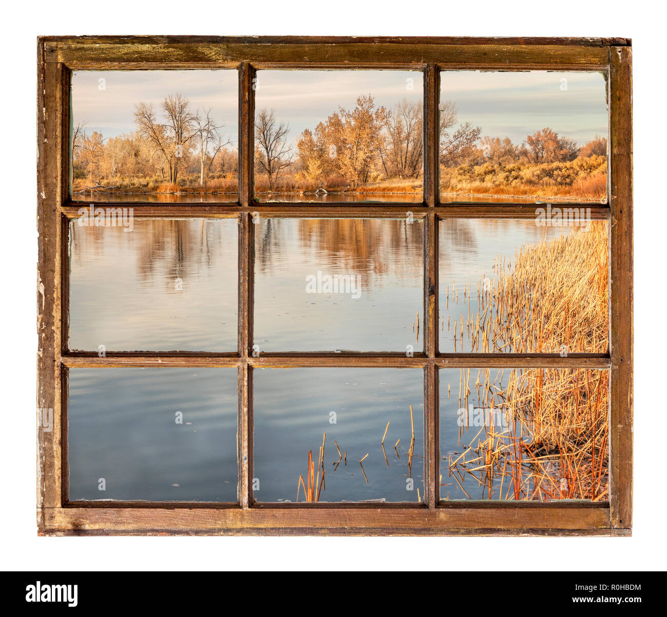 calm lake at sunset in northern Colorado, fall scenery as seen through ...