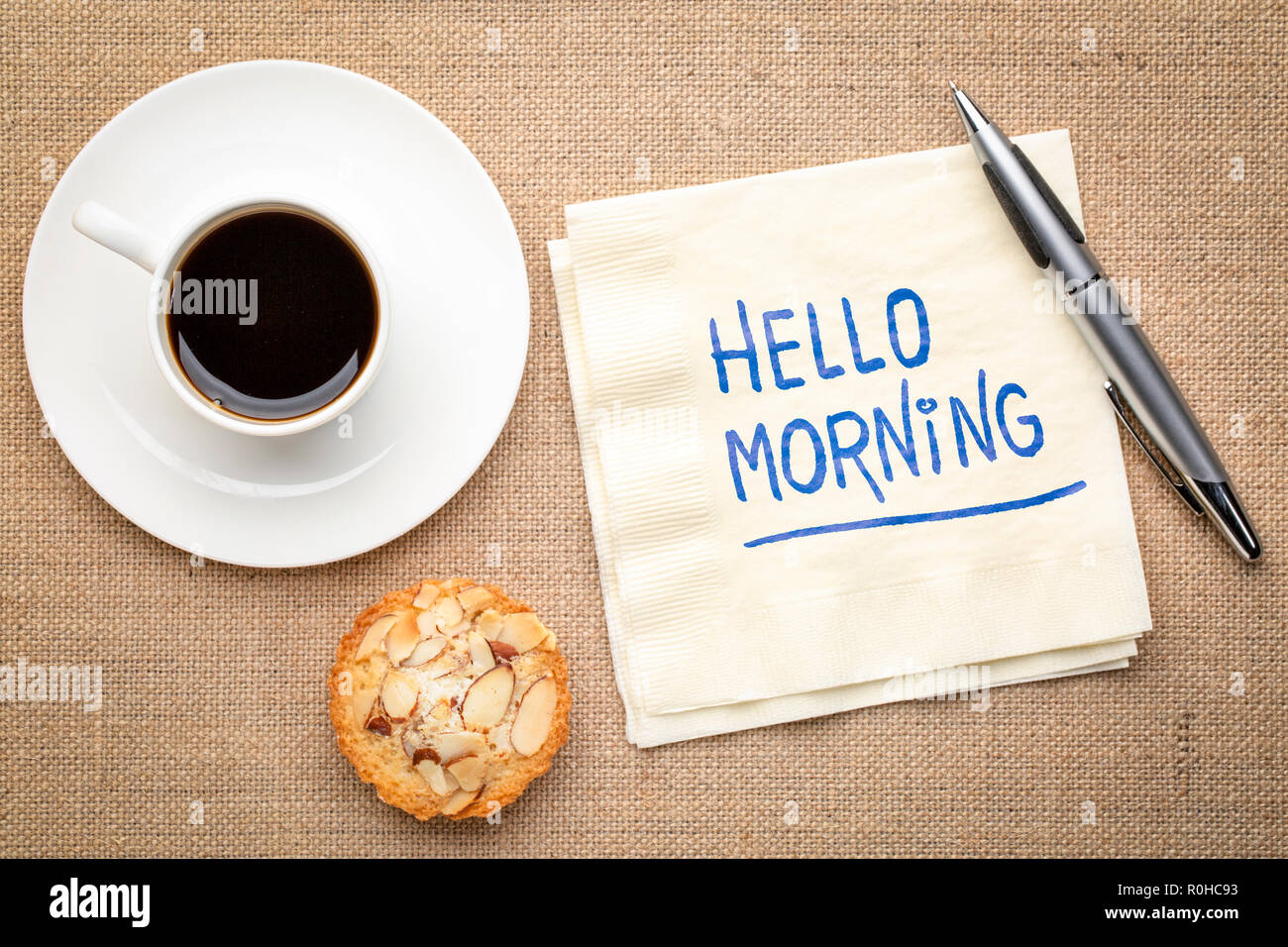 Hello morning - handwriting on a napkin with a cup of coffee Stock ...