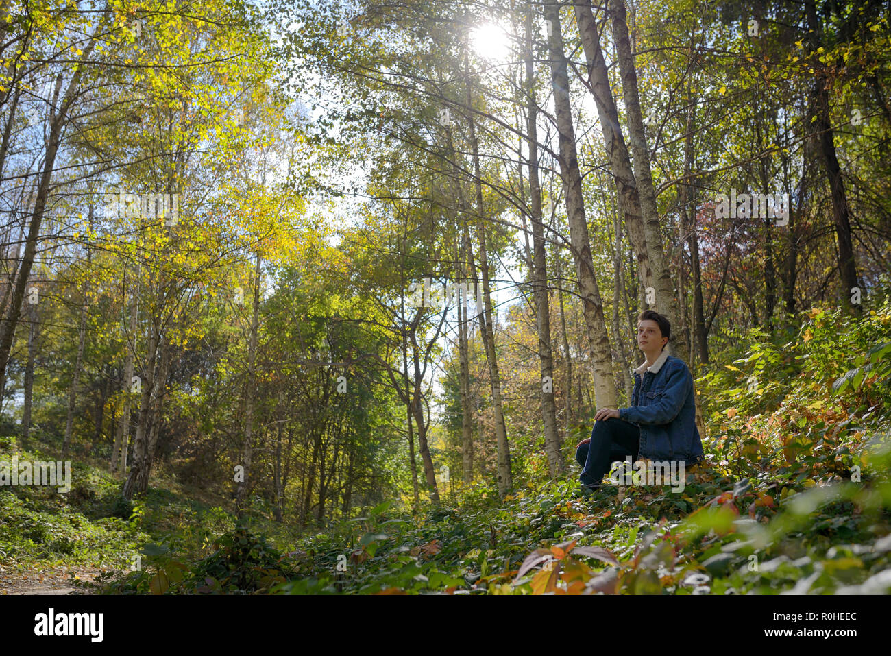 Sad boy in autumn park hi-res stock photography and images - Alamy