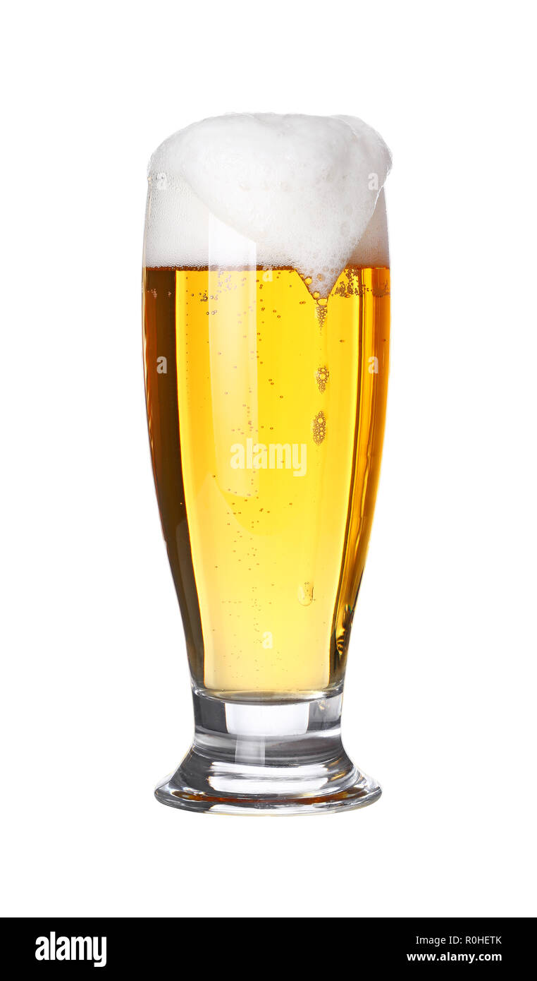 Close up one full high glass of lager beer with froth and bubbles ...