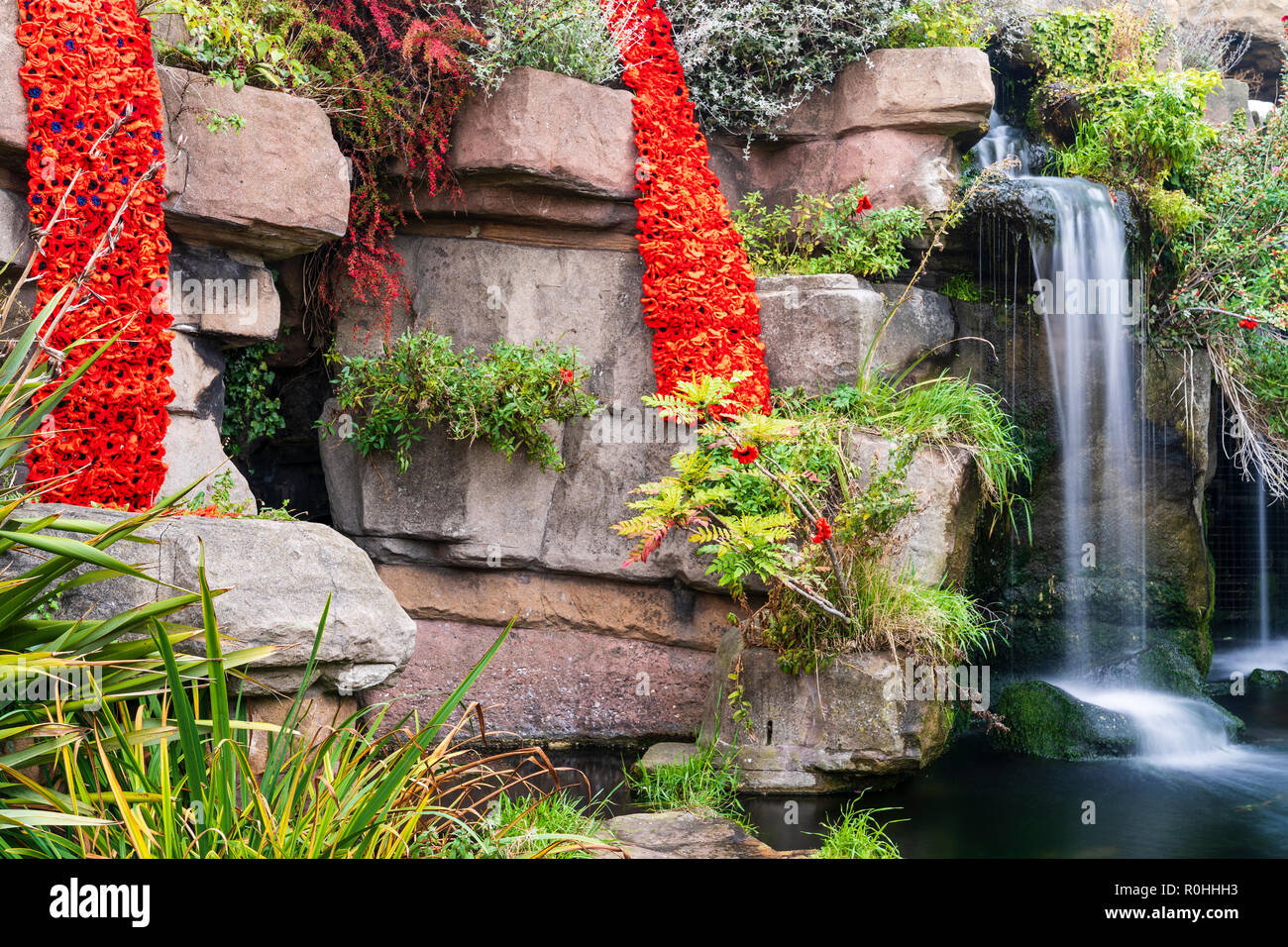Madeira Walk waterfall at Ramsgate in Kent with a tribute of poppies ...