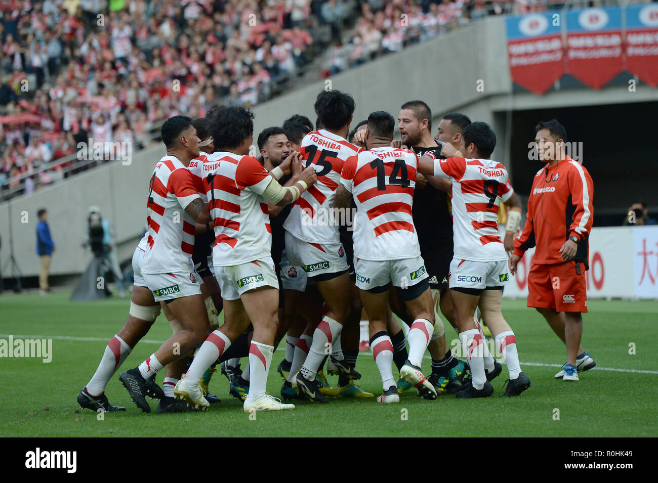 Players of Japan and New Zealand scuffle after Japan scoring a try by ...