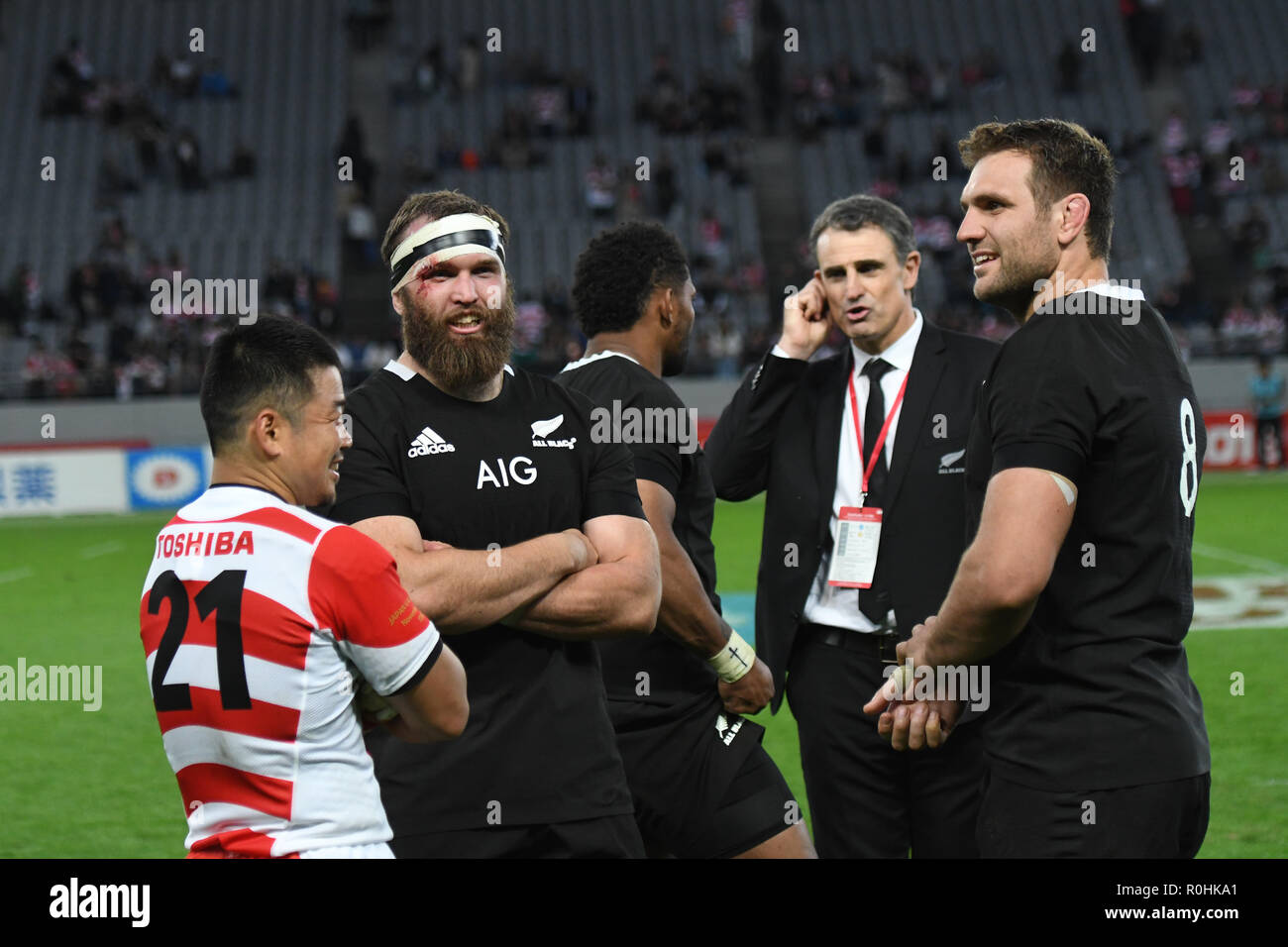 Fumiaki Tanaka of Japan, left, talks with Liam Coltman and Luke ...