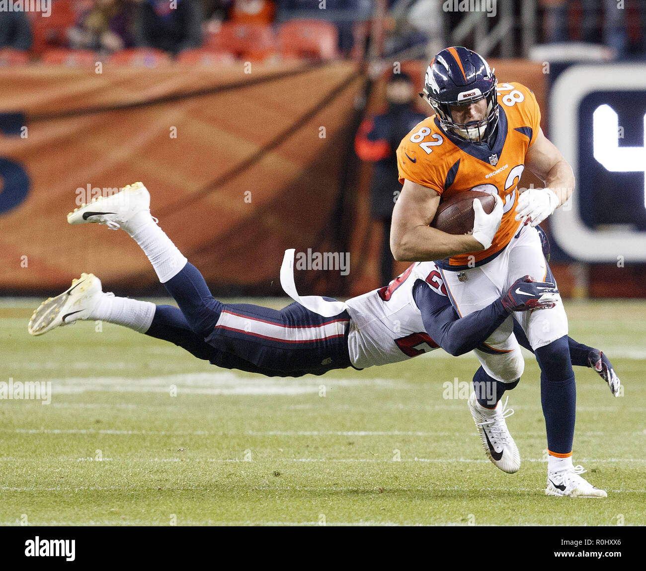 Denver, Colorado, USA. 4th Nov, 2018. Broncos TE JEFF HEUERMAN, right ...