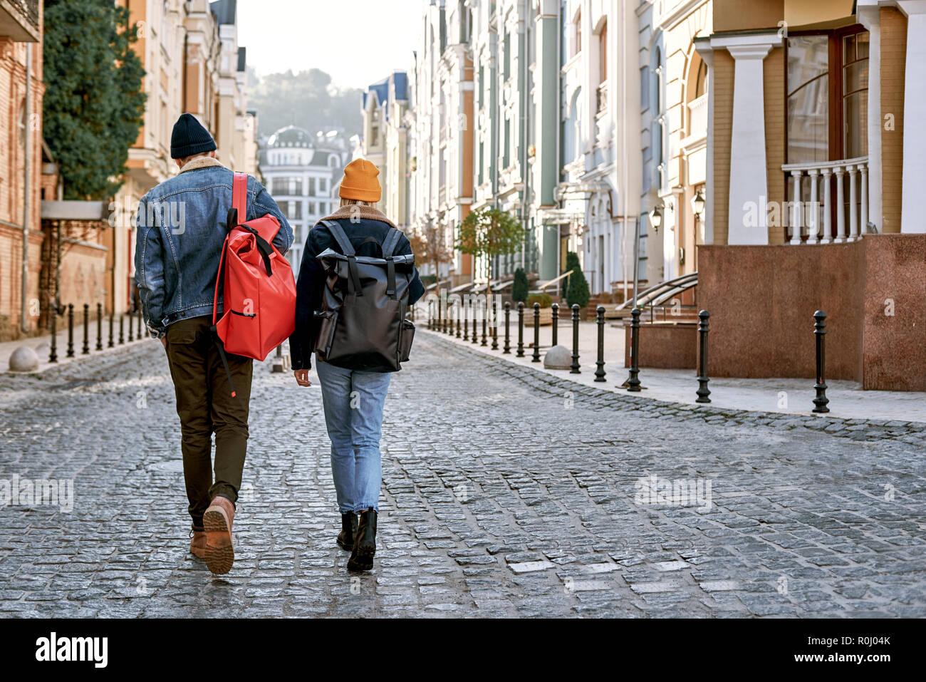 Traveler couple bloggers in love are enjoying view of old city Stock ...