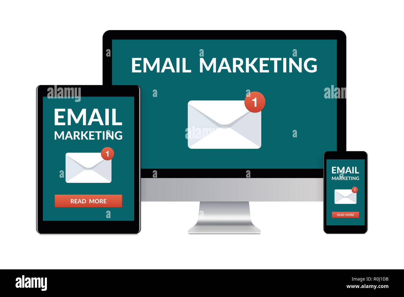Desktop computer, tablet and smartphone isolated on white with email ...