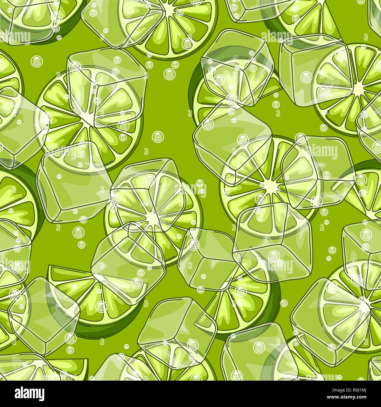 Seamless pattern with limes. Ice cubes and soda bubbles Stock Vector ...