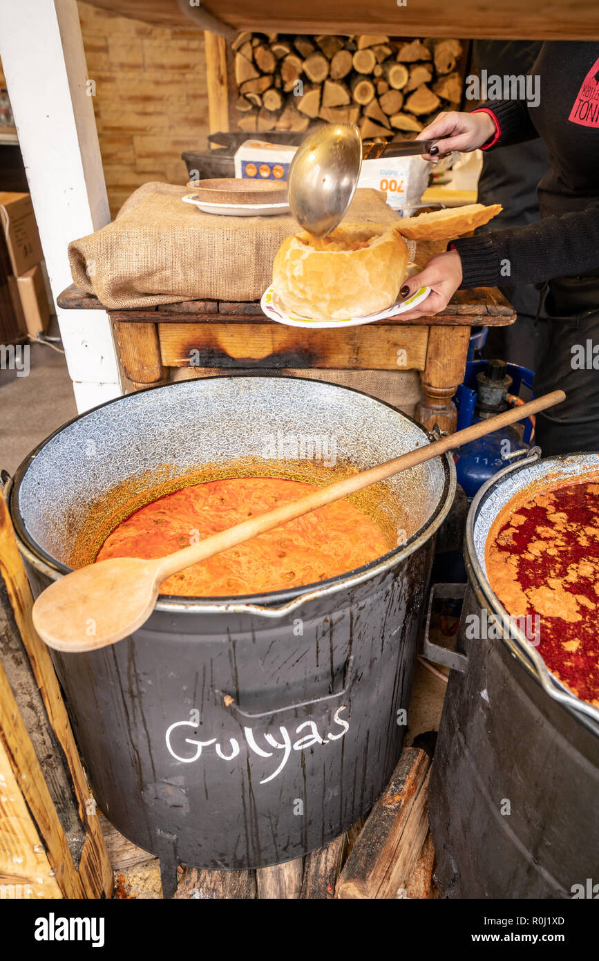 Street food in Budapest Goulash (Golyas) traditional pork meal Stock ...
