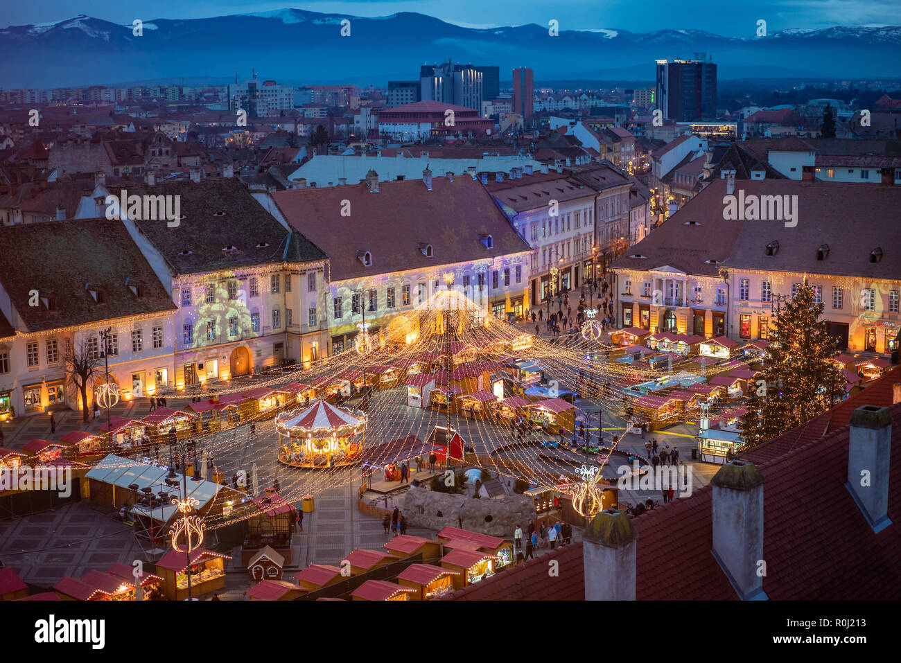 Sibiu Christmas market aerial view at night Stock Photo - Alamy