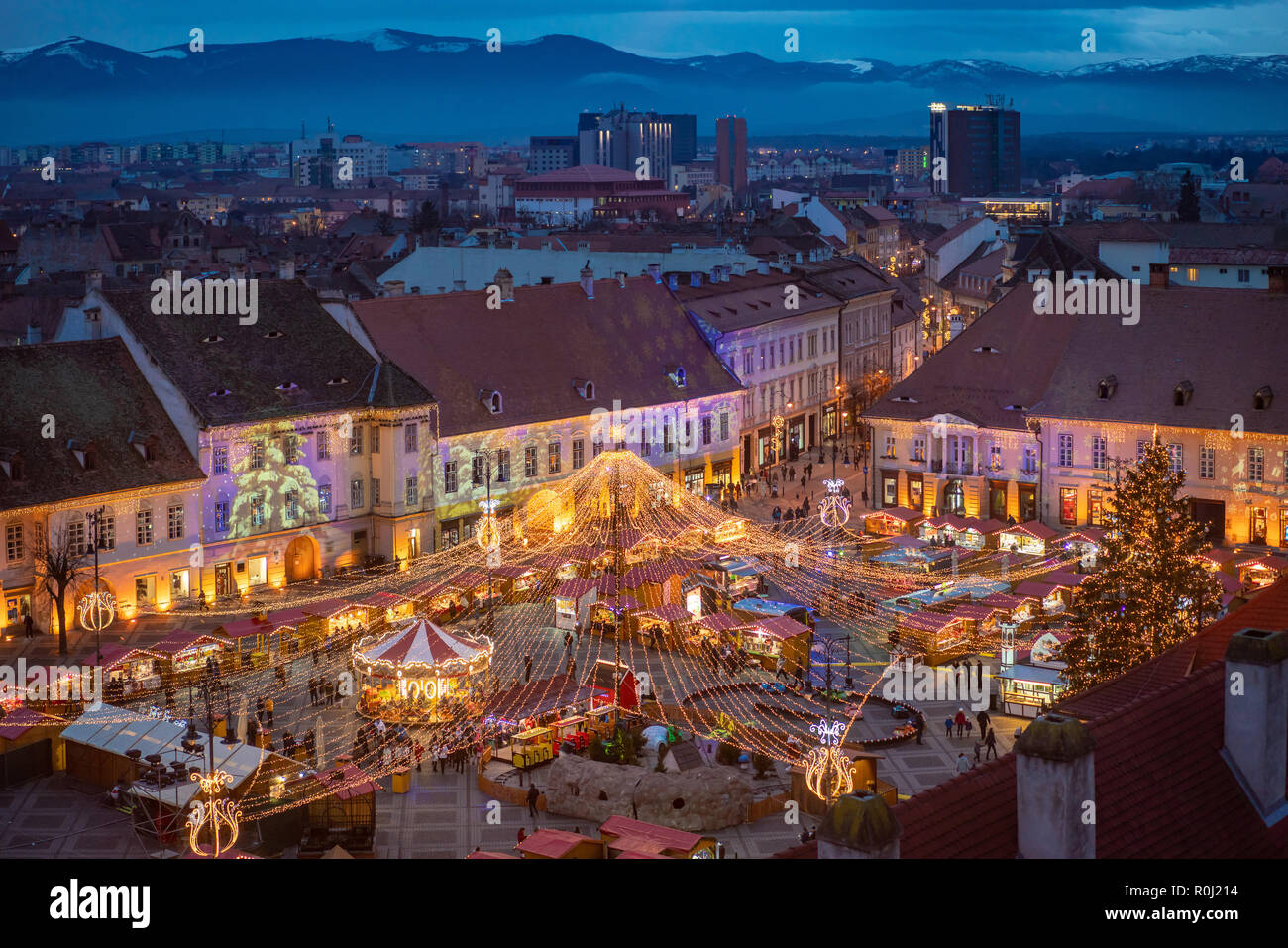 Sibiu Christmas market aerial view Stock Photo - Alamy