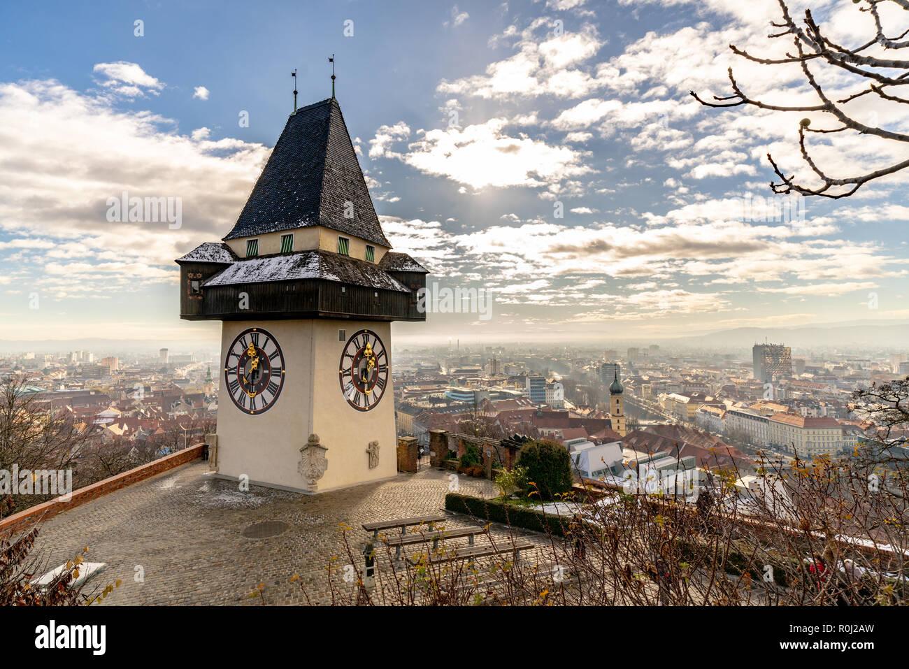Graz city symbol clock tower and city panorama Stock Photo - Alamy