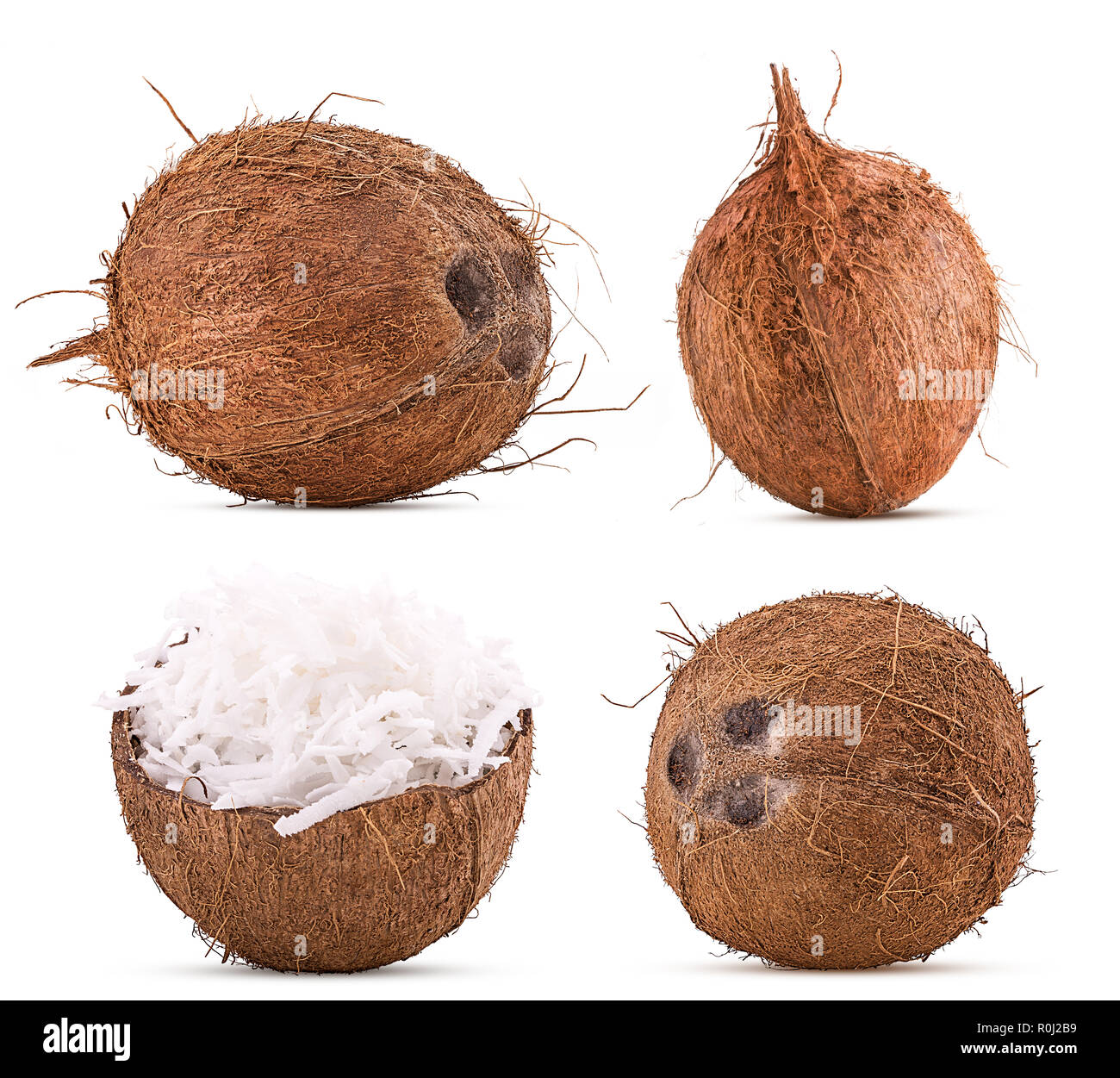 Collection coconut, whole, cut in half isolated on white background ...