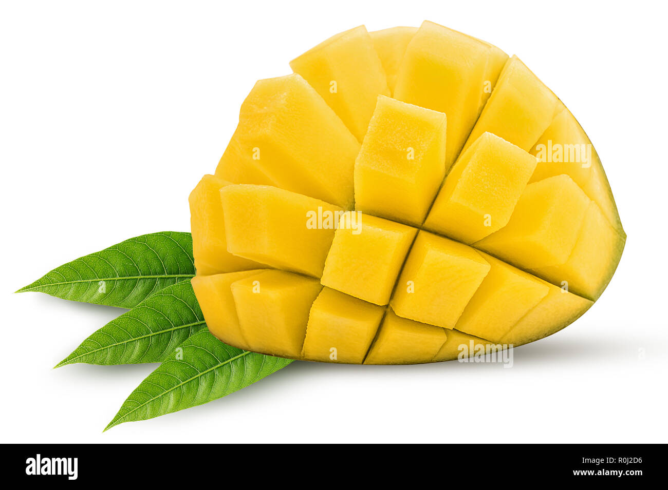 Mango exotic friut cut in half cubes with leaf isolated on white ...